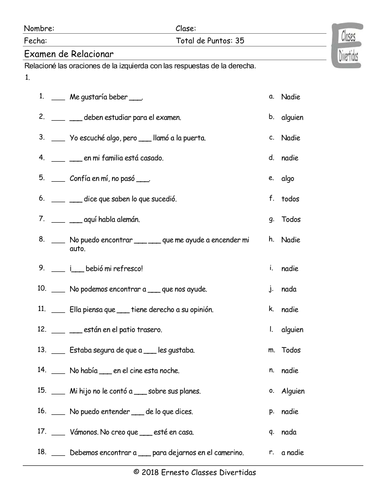 Indefinite Pronouns Spanish Matching Exam | Teaching Resources