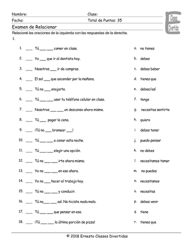 Modals of Obligation, Necessity and Prohibition Spanish Matching Exam ...
