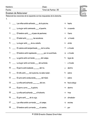 Movement Prepositions Spanish Matching Exam | Teaching Resources