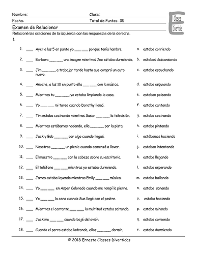 Past Continuous Tense Spanish Matching Exam | Teaching Resources
