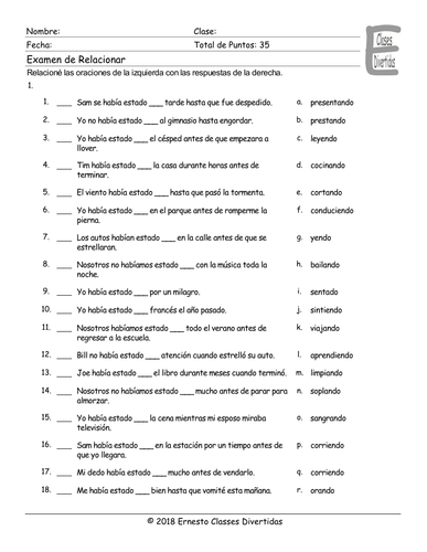Past Perfect Continuous Tense Spanish Matching Exam | Teaching Resources