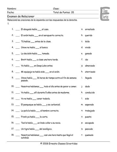 Past Perfect Tense Spanish Matching Exam | Teaching Resources