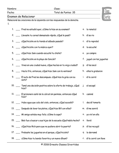 Past Simple with Regular Verbs Spanish Matching Exam | Teaching Resources