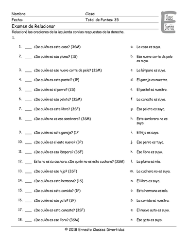 Possessive Pronouns Spanish Matching Exam | Teaching Resources
