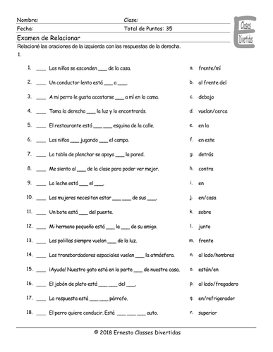 Prepositions of Place Spanish Matching Exam | Teaching Resources