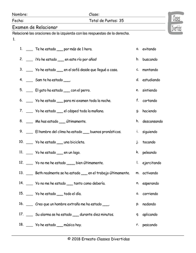 Present Perfect Continuous Tense Spanish Matching Exam | Teaching Resources