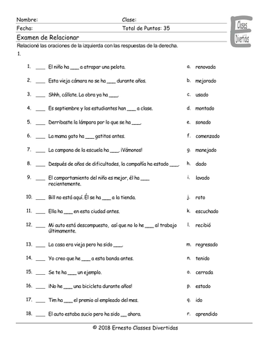 Present Perfect Tense Spanish Matching Exam | Teaching Resources