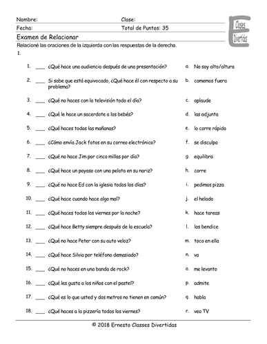 Present Simple Tense Spanish Matching Exam | Teaching Resources