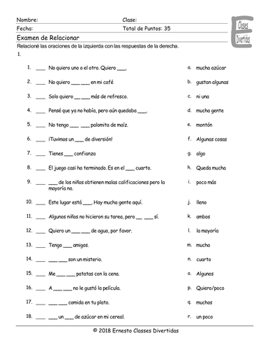 Quantifiers Spanish Matching Exam | Teaching Resources