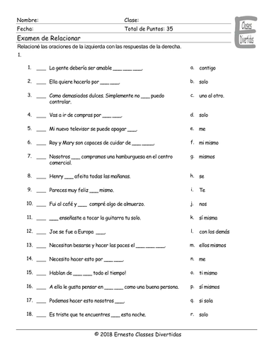 Reflexive and Reciprocal Pronouns Spanish Matching Exam | Teaching ...