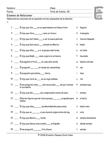 Reported Speech Spanish Matching Exam | Teaching Resources