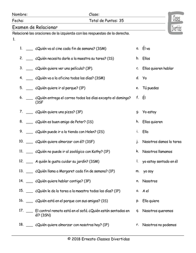 Subject Pronouns Spanish Matching Exam | Teaching Resources