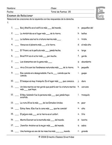 Superlative Adjectives Spanish Matching Exam | Teaching Resources