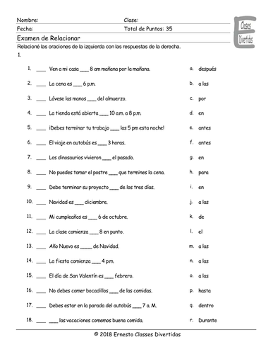 Time Prepositions Spanish Matching Exam | Teaching Resources