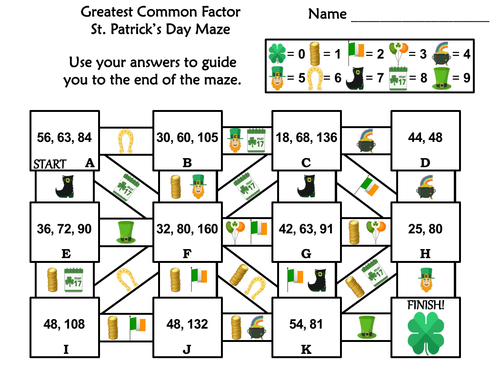 Greatest Common Factor Activity: St. Patrick's Day Math Maze | Teaching ...