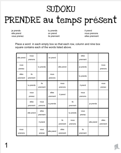Prendre & Boire - Irregular French Verbs - Sudoku Puzzles | Teaching ...