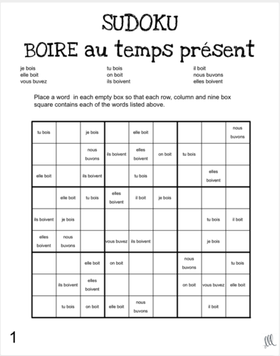 Prendre & Boire - Irregular French Verbs - Sudoku Puzzles | Teaching ...