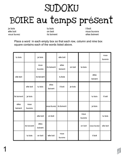 Prendre & Boire - Irregular French Verbs - Sudoku Puzzles | Teaching ...