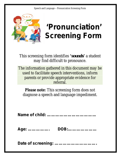 Speech and Language - Pronunciation Screening Form & Booklet | Teaching ...
