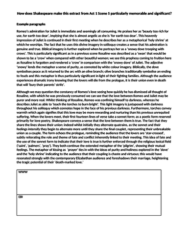 Romeo & Juliet 1.5 paragraphs - models and to be improved | Teaching ...