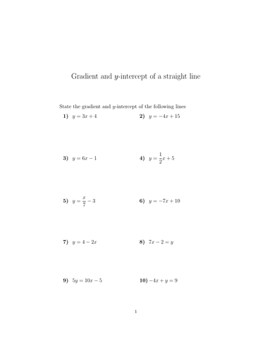 Gradient and y-intercept of a straight line worksheet no 2 (with ...