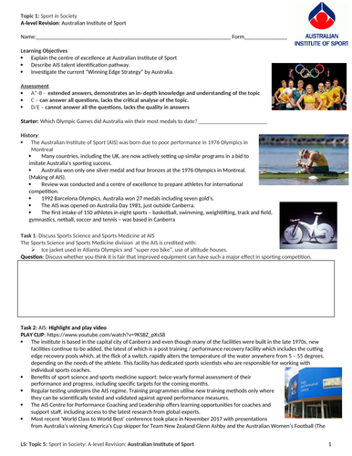 A-Level PE EDEXCEL (spec 2016) Australian Institute of Sport Revision ...