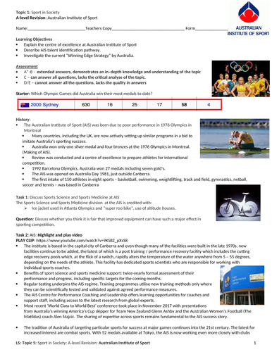 A-Level PE EDEXCEL (spec 2016) Australian Institute of Sport Revision ...