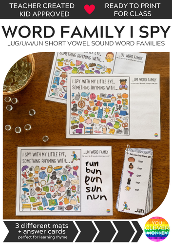 Rhyming Short Vowel Sound Word Family I Spy Mats - UG/UM/UN Pack ...