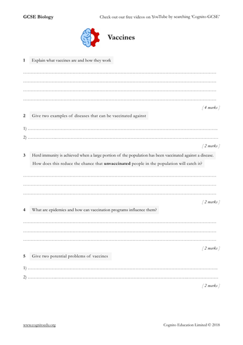 GCSE Biology (9-1) - Vaccines - Worksheet | Teaching Resources
