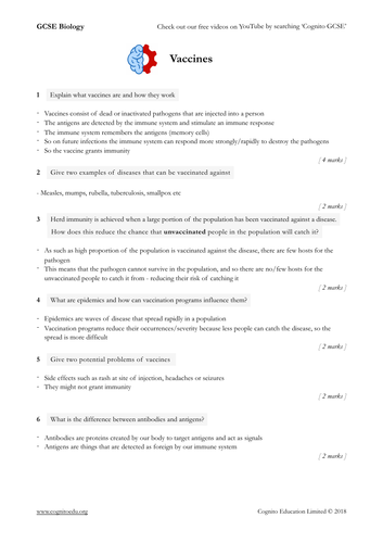 GCSE Biology (9-1) - Vaccines - Worksheet | Teaching Resources