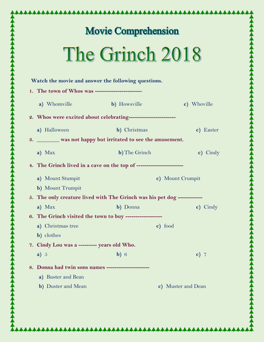 Movie The Grinch 2018 comprehension worksheet and key | Teaching Resources