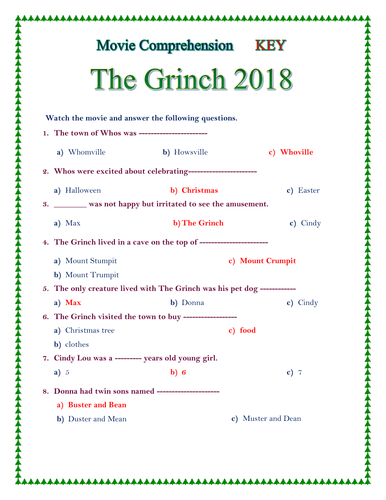 Movie The Grinch 2018 comprehension worksheet and key | Teaching Resources