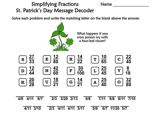 Simplifying Fractions St. Patrick's Day Math Activity: Message Decoder ...