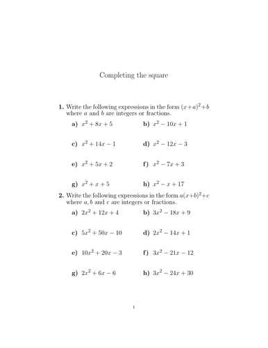 Completing the square worksheet no 2 (with detailed solutions ...