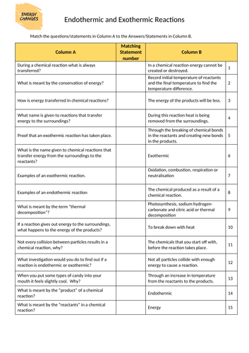 Endothermic and Exothermic Worksheets and Activities with Answers ...