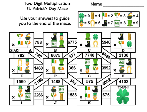 Two Digit Multiplication Activity: St. Patrick's Day Math Maze ...