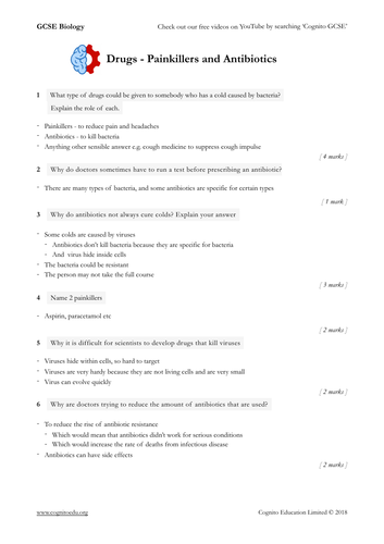 GCSE Biology (9-1) - Drugs - Painkillers and Antibiotics - Worksheet ...