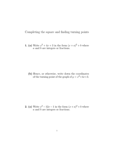 Completing the square and finding turning points worksheet (with solutions) | Teaching Resources