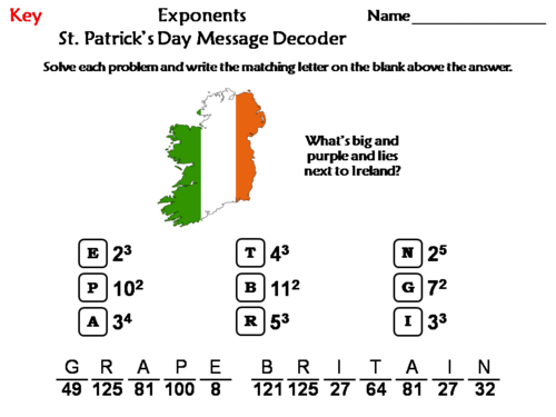Exponents St. Patrick's Day Math Activity: Message Decoder | Teaching ...