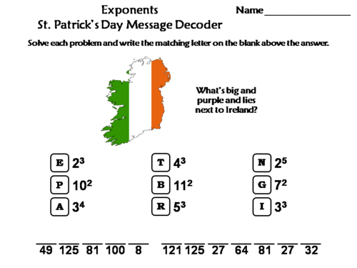Exponents St. Patrick's Day Math Activity: Message Decoder | Teaching ...