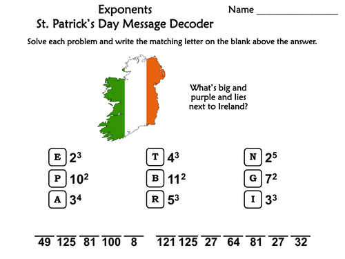 Exponents St. Patrick's Day Math Activity: Message Decoder | Teaching ...