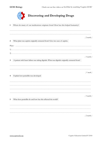 GCSE Biology (9-1) - Drug Discovery and Testing - Worksheet and Answers ...