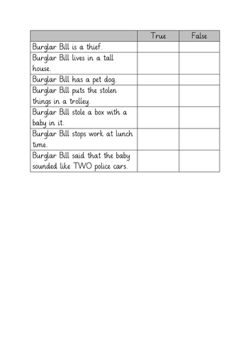 Burglar Bill Year 2 SATs style questions differentiated | Teaching ...