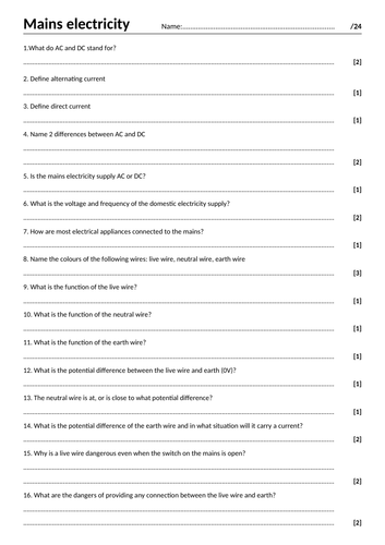 AQA GCSE Trilogy recall test and answers topic: Mains Electricity ...