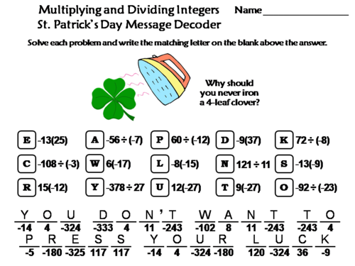 Multiplying and Dividing Integers St Patricks Day Math Activity ...