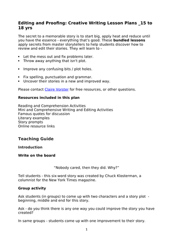 Editing and Proofing: Creative Writing Lesson Plans _15 to 18 yrs ...
