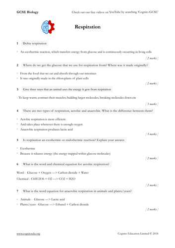 GCSE Biology (9-1) - Respiration - Worksheet and Video | Teaching Resources
