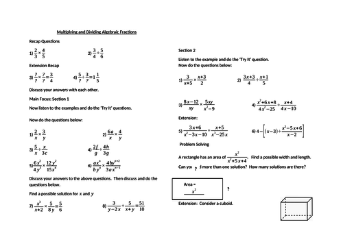 Multiplying and Dividing Algebraic Fractions - Mastery | Teaching Resources