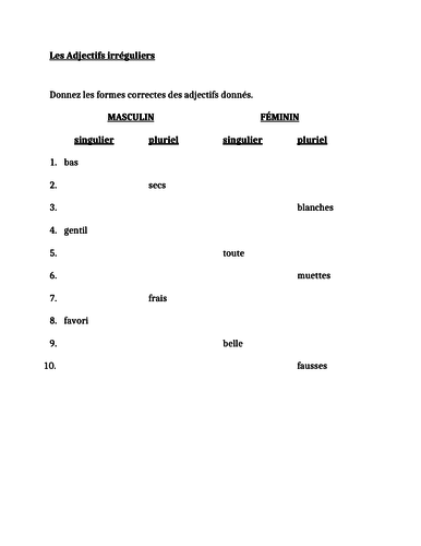 Adjectifs irréguliers (French Adjectives) Worksheet 2 | Teaching Resources