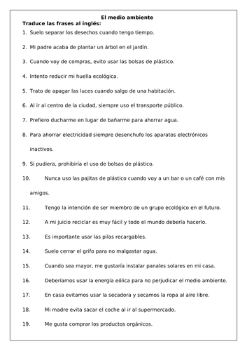 Spanish GCSE Environment Translation Sentence Drills (into Spanish ...